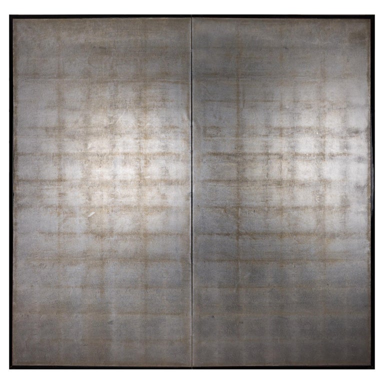 Japanese Two Panel Screen: Plain Silver Leaf on Paper For Sale at 1stDibs
