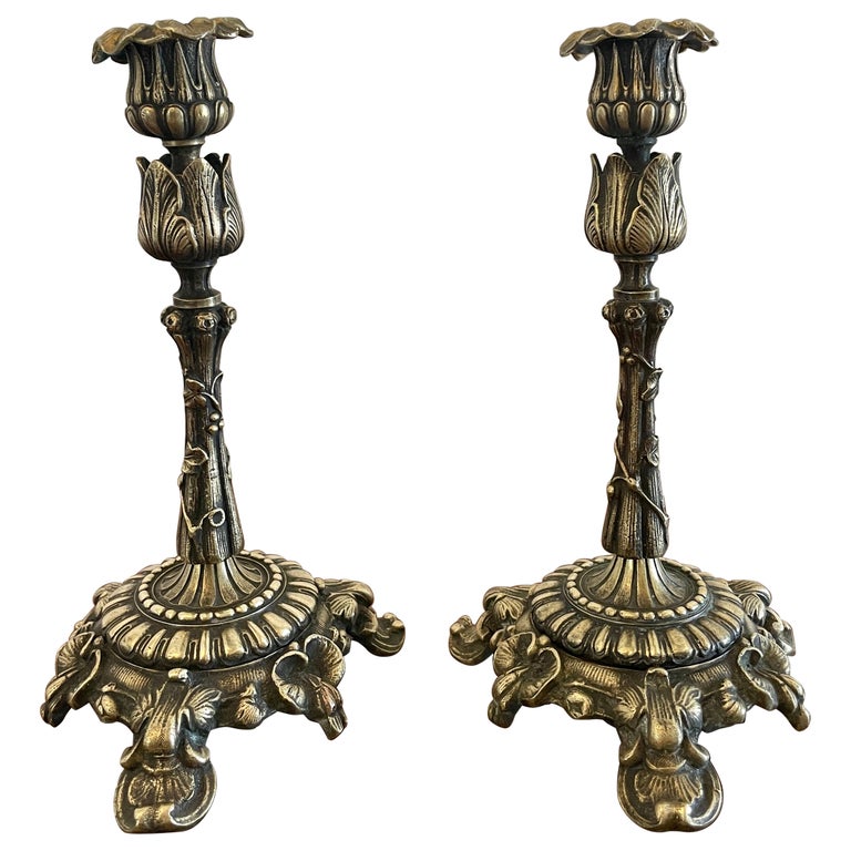 Pair of Antique Regency Quality Ornate Brass Candlesticks For Sale at ...