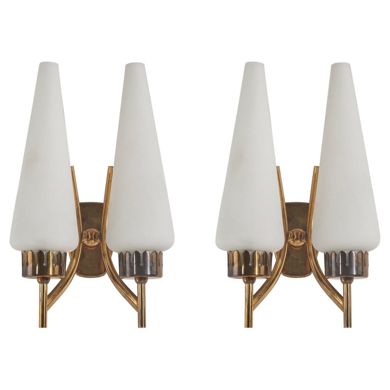 Italian Designer, Sconces, Brass, Glass, Italy, 1950s For Sale at 1stDibs