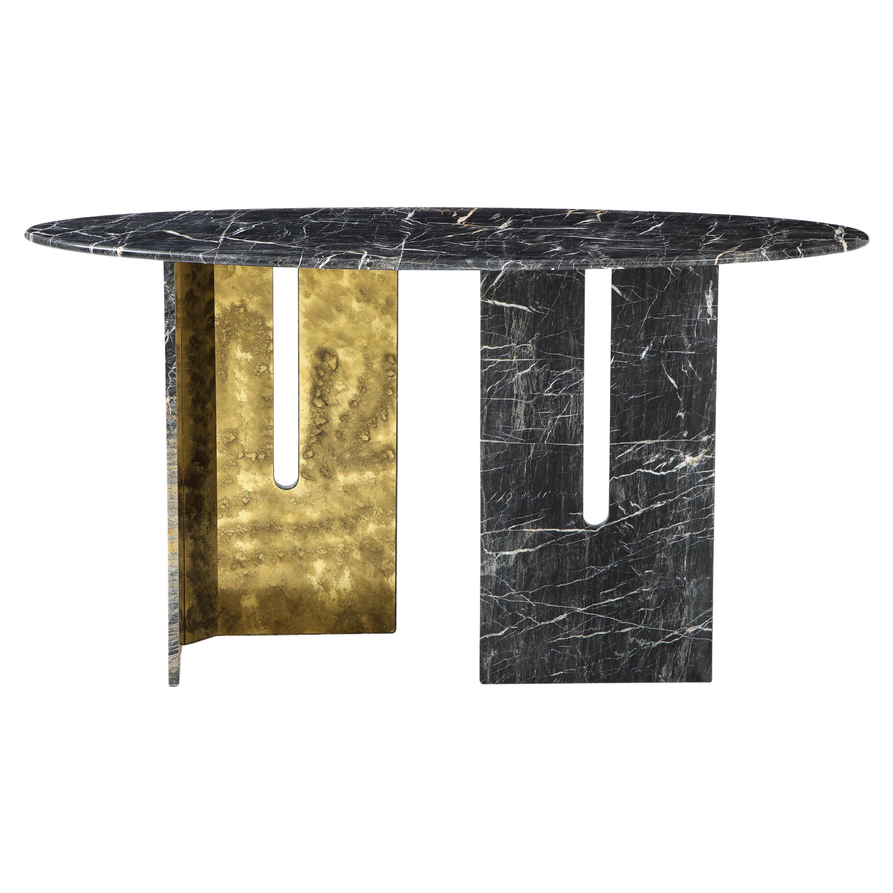 Pair Black and Grey St. Laurent Marble and Oxidized Brass Consoles ...