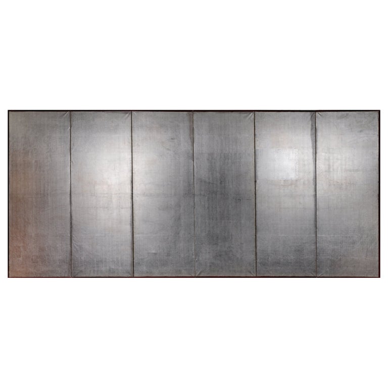 Japanese Six Panel Screen: Plain Silver Leaf on Paper For Sale at 1stDibs