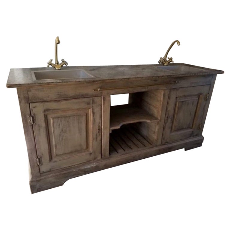 Zinc Top Cabinet with Double Sinks, Fr-0180 For Sale at 1stDibs
