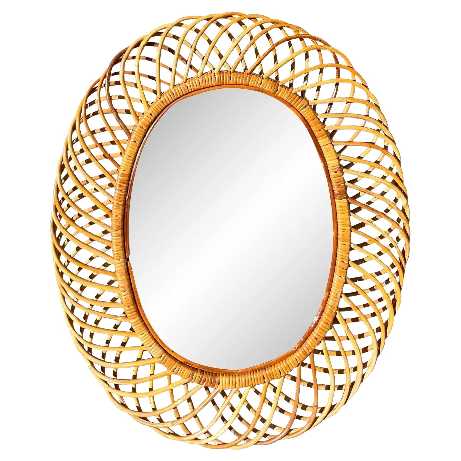 Vintage Coastal Three Strand Rattan Round Mirror For Sale at 1stDibs