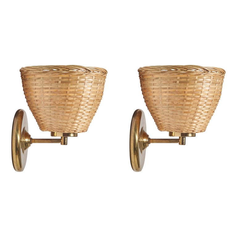 Swedish Designer, Sconces, Brass, Rattan, Sweden, c. 1970s For Sale at ...