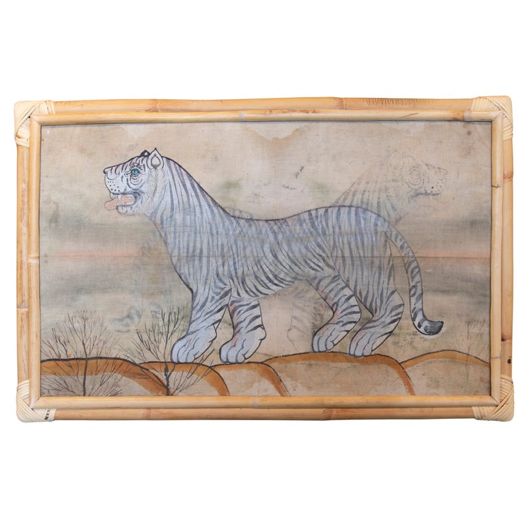1980s Indian Hand Painted Tiger Painting with Bamboo Frame For Sale at ...