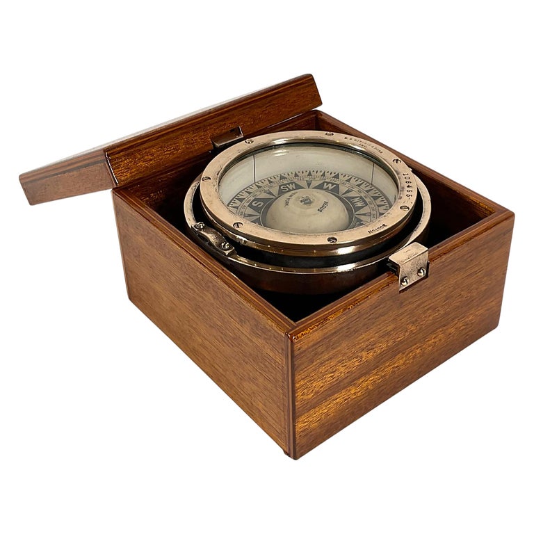 Brass Yacht Compass In Mahogany Box At 1stdibs