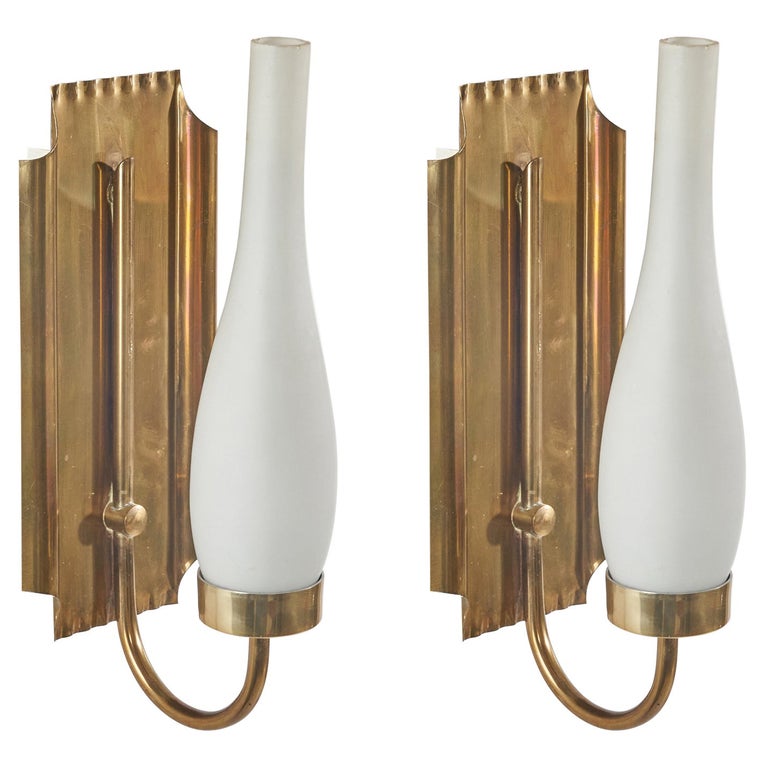 Swedish Designer, Sconces, Brass, Milk Glass, Sweden, c. 1960s For Sale ...