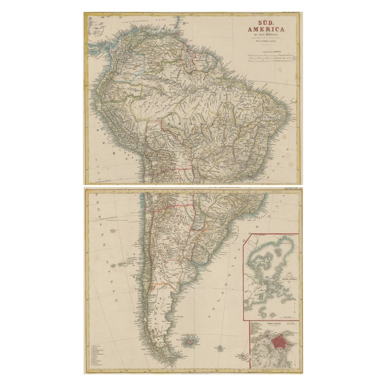 Set of Two Antique Maps of South America with Inset Maps of Rio de ...