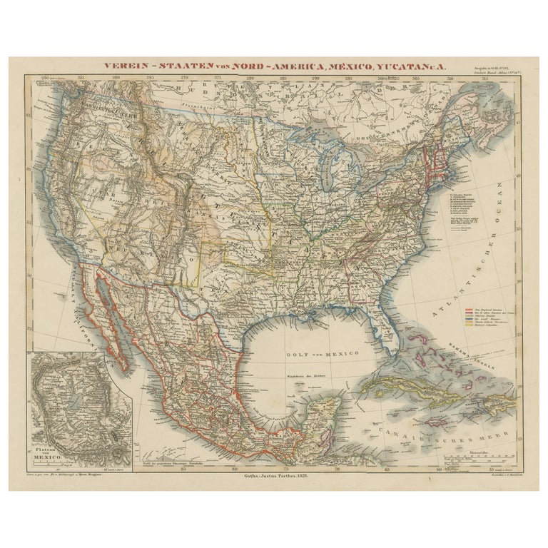 Antique Map of the United States with inset map of the region of Mexico ...