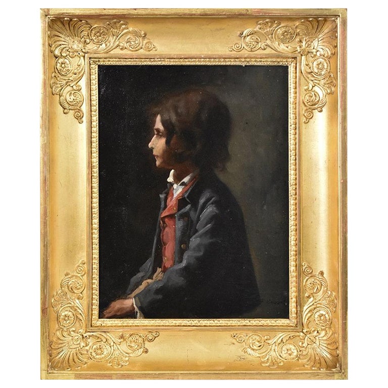 Antique Painting, Young Man in Profile, Man Portrait Painting, Oil on ...