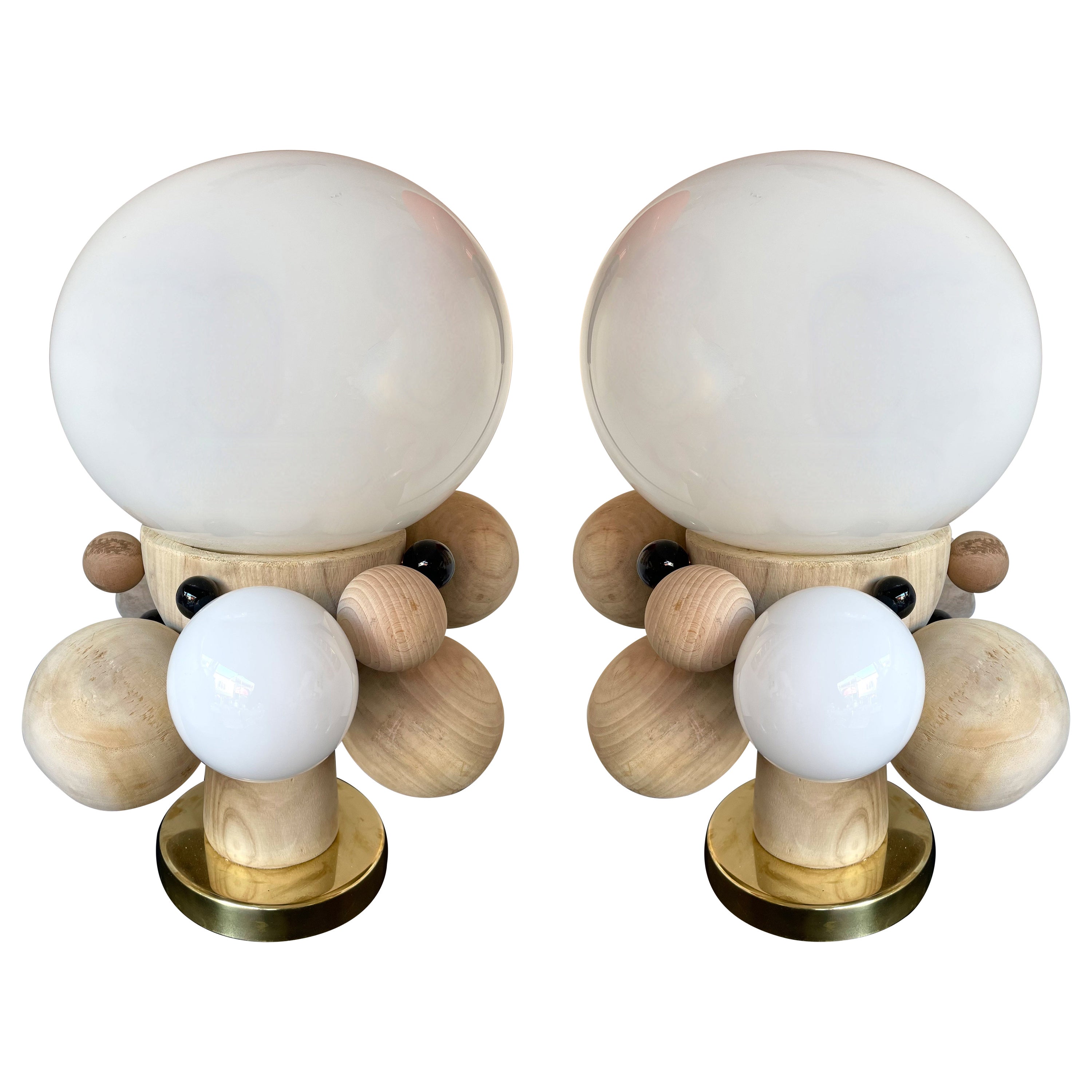 Contemporary Pair of Brass Opaline Murano Glass and Wood Lamps, Italy ...