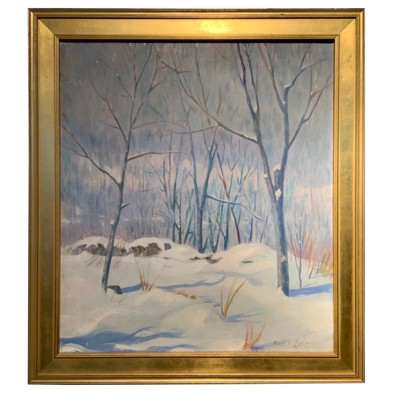 1940's Oil on Canvas Winter Scene Painting For Sale at 1stDibs