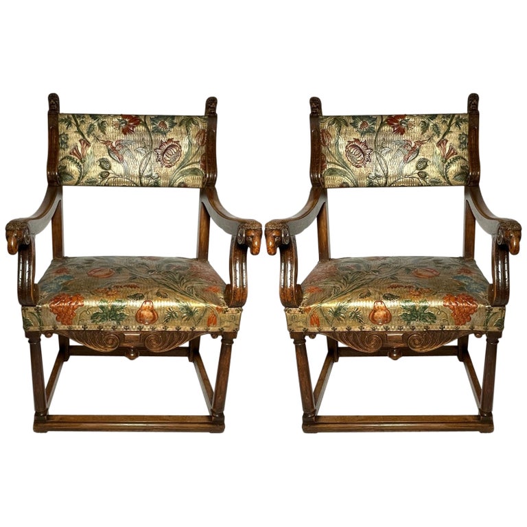 Pair Antique 19th Century Spanish Walnut and Embossed Leather Armchairs ...