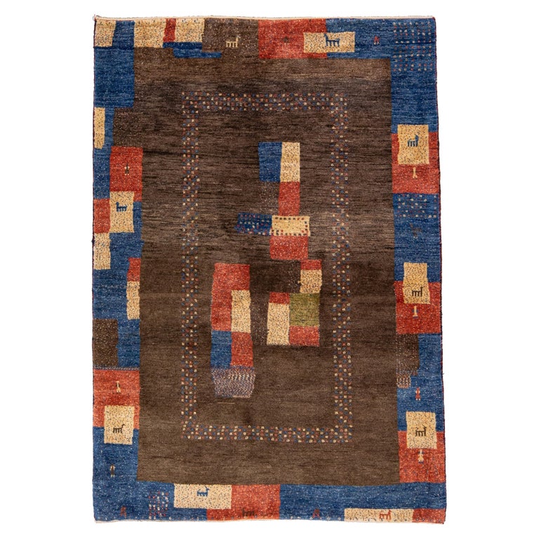 Modern Persian Gabbeh Brown Handmade Wool Rug Geometric Motif For Sale ...