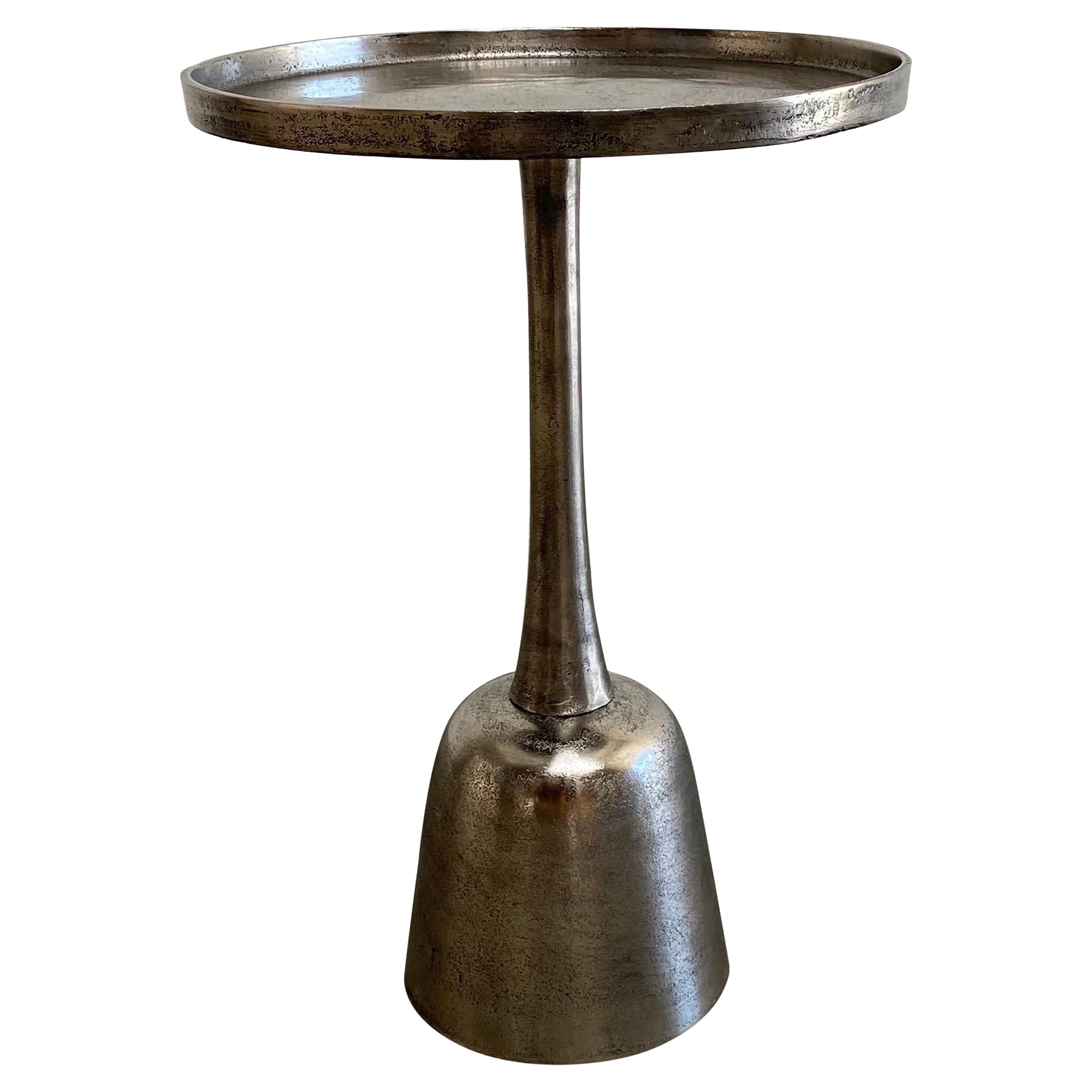 Leather Round Side Table with Antique Brass Finish For Sale at 1stDibs