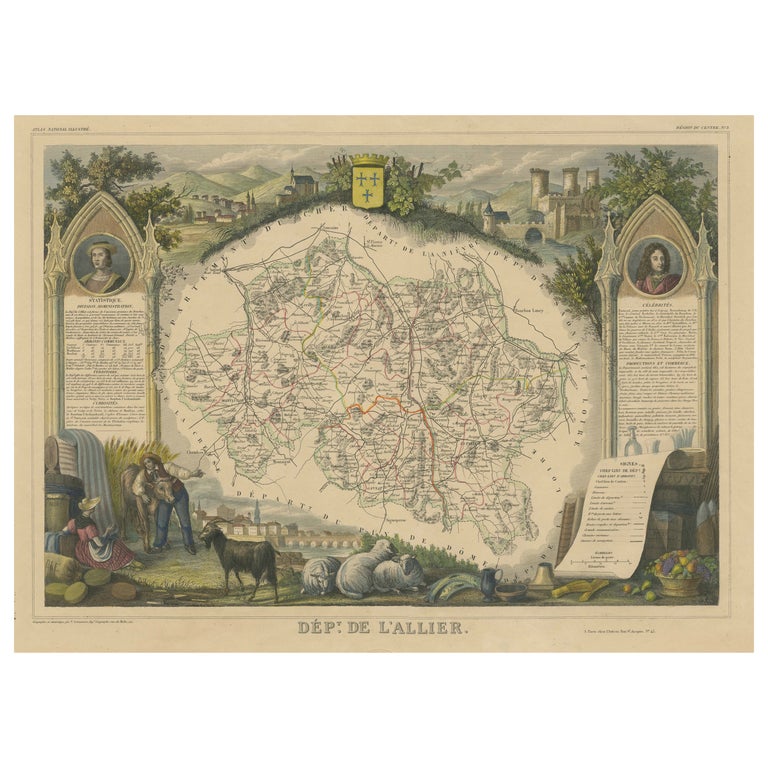 Hand Coloured Antique Map of the Department of L''allier, France For ...