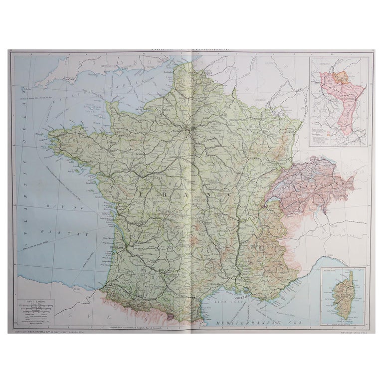 Large Original Vintage Map of France, circa 1920 For Sale at 1stDibs
