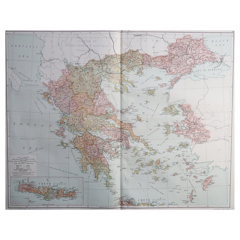 Large Original Vintage Map of Greece, circa 1920 For Sale at 1stDibs