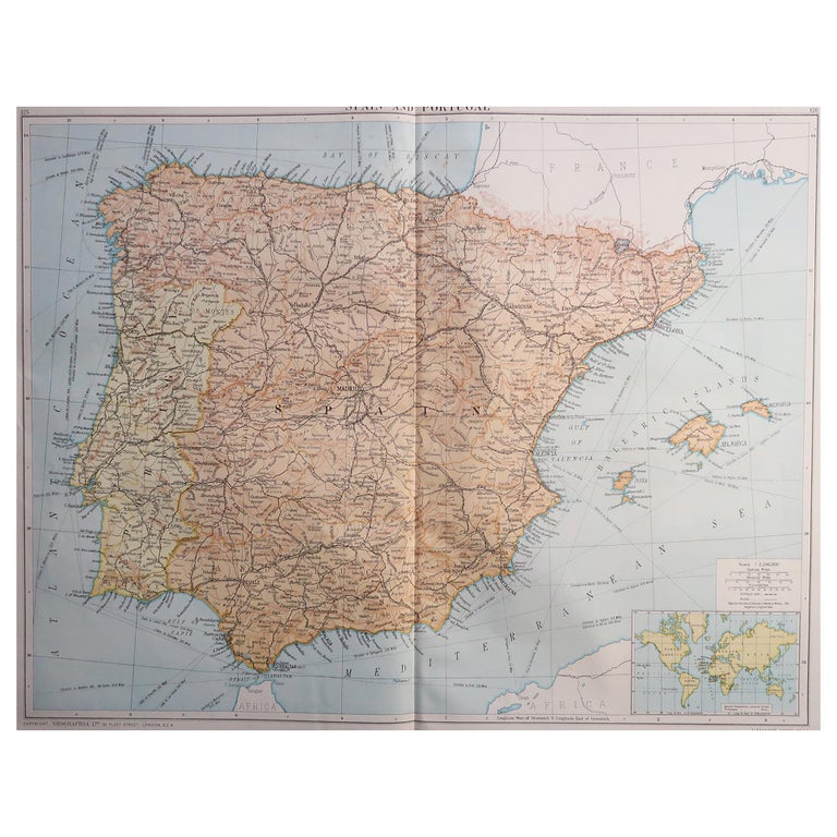 Large Original Vintage Map of Spain, circa 1920 For Sale at 1stDibs