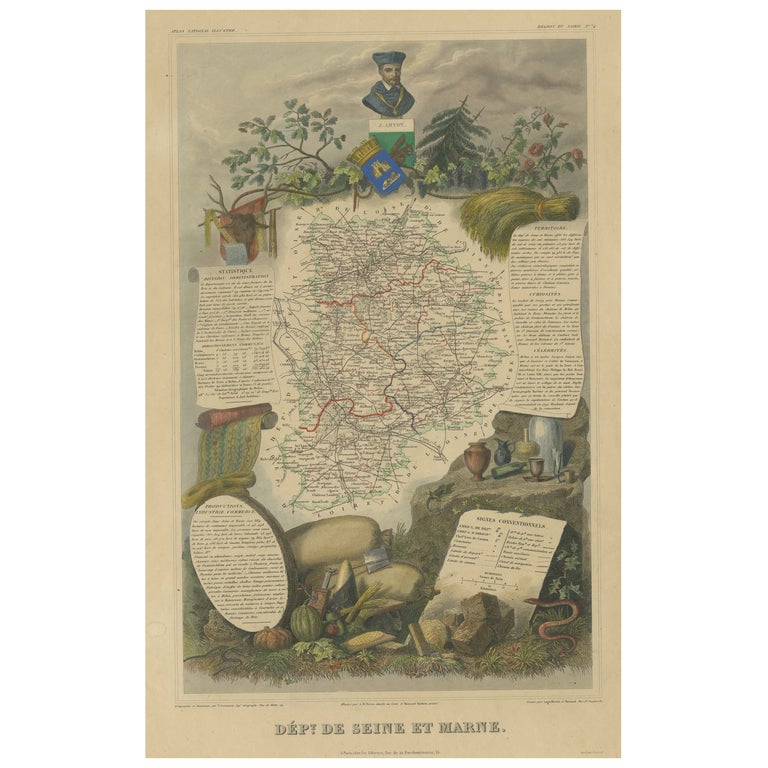 Hand Colored Antique Map of the Department of Seine Et Marne, France ...