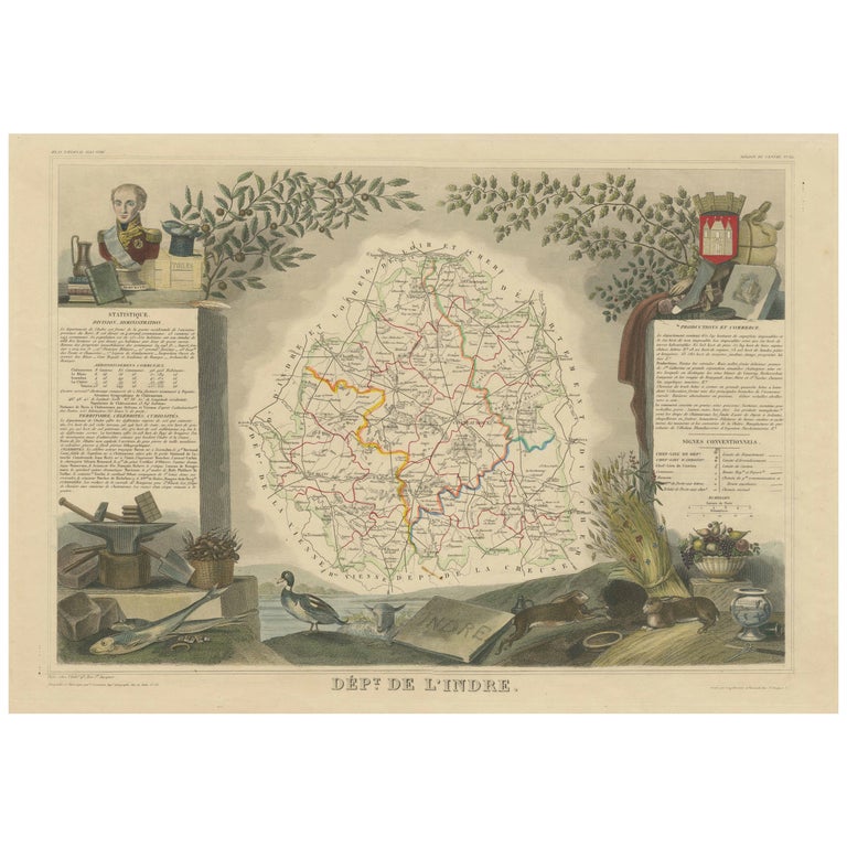 Hand Colored Antique Map of the Department of Indre, France For Sale at ...