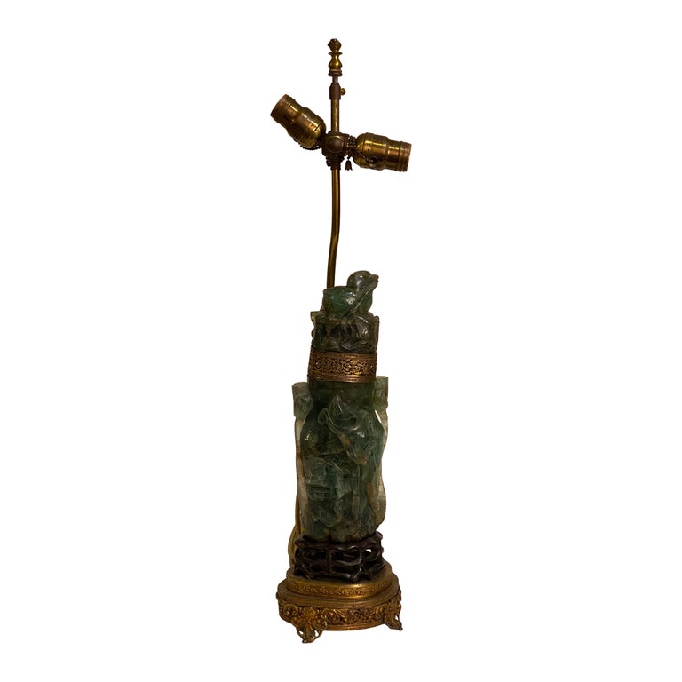 1920s Heavily Carved Asian Jade Table Lamp For Sale at 1stDibs