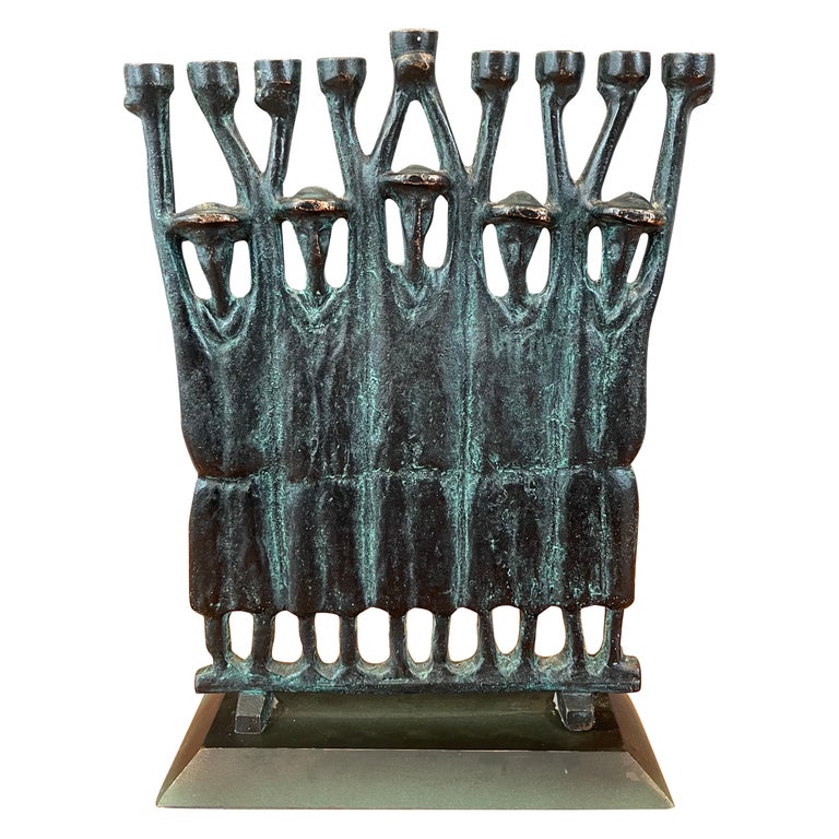 Brutalist Figurative Rabbi Menorah in Bronze by Ruth Bloch / Block For ...