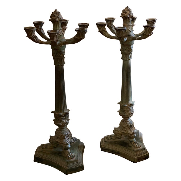 Pair of 6 Arm French Empire Neoclassical Style Iron Verdigris Table ...