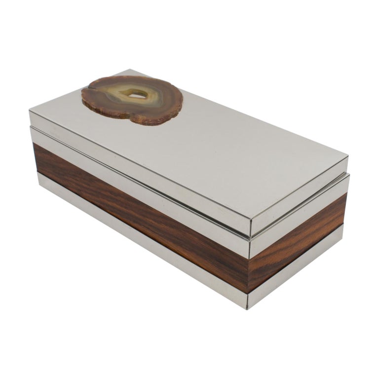 Italian Silver Plate and Wood Box with Agate Stone Slab For Sale at 1stDibs