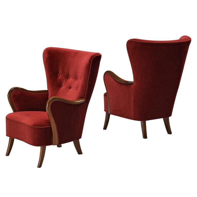 Axel Christensen Danish Pair of Lounge Chairs in Burgundy Velvet For ...