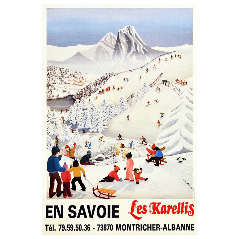 Original Vintage Winter Sport Travel Poster En Savoie Les Karellis Ski Resort For Sale at 1stDibs