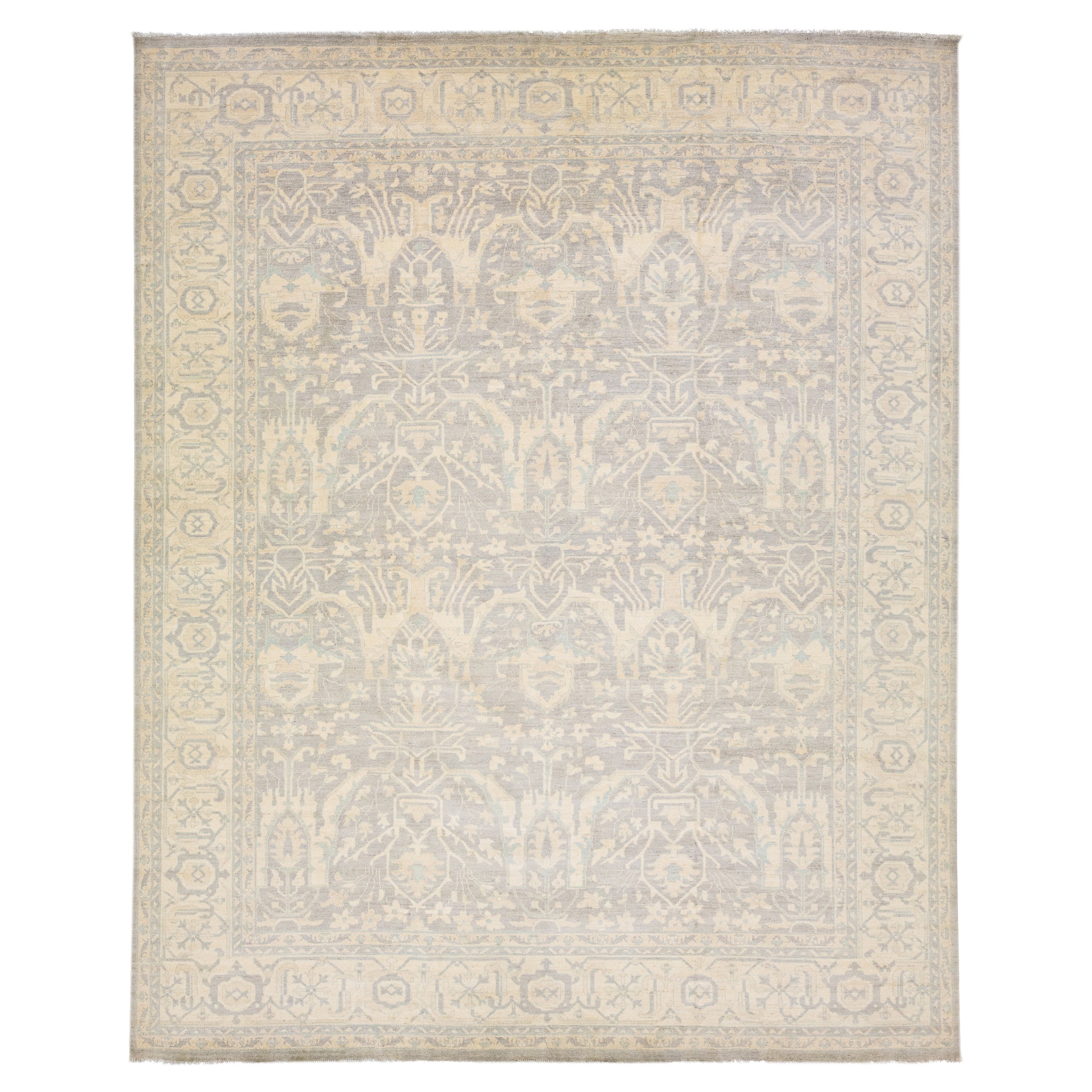 Handmade Modern Oushak Style Wool Rug with Beige and Gray Floral Motif ...