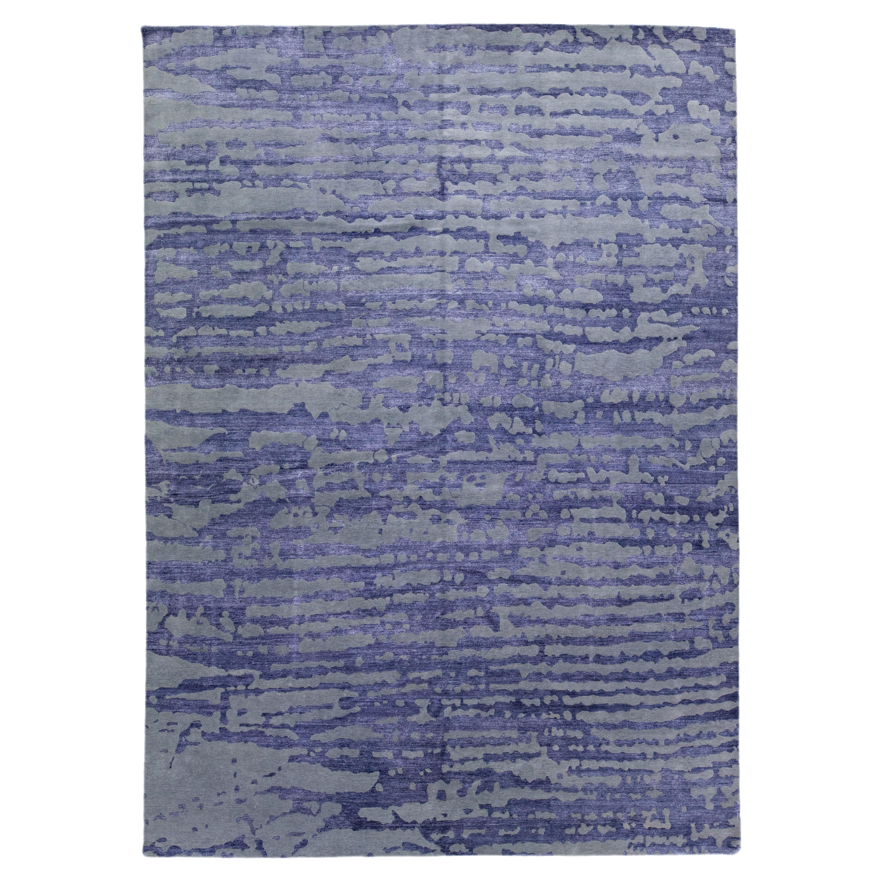 Abstract Contemporary Area Rug in Blue, Handmade of Silk Pashmina Wool ...