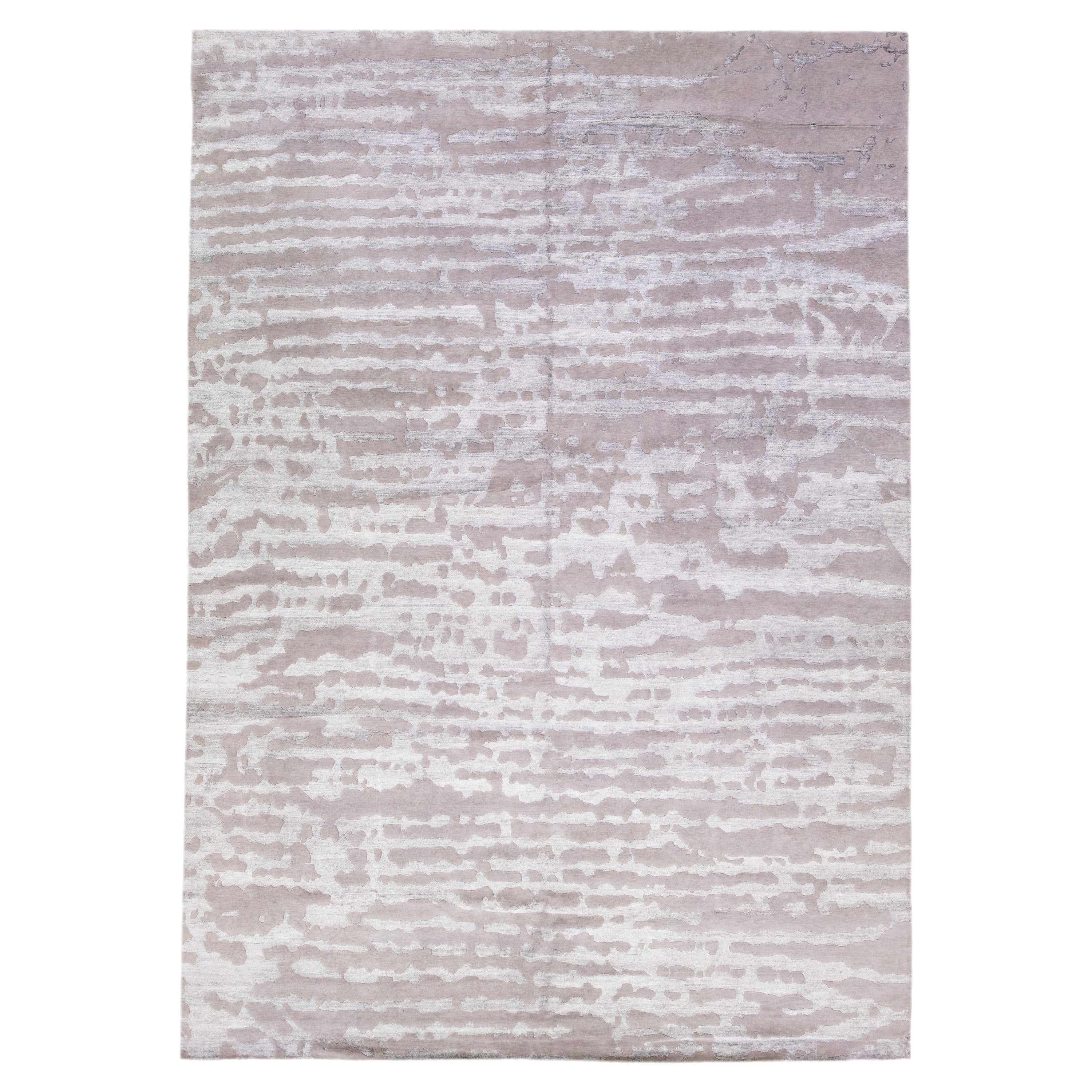 Tan Modern Ikat Handmade Wool and Silk Rug with Abstract Design For ...