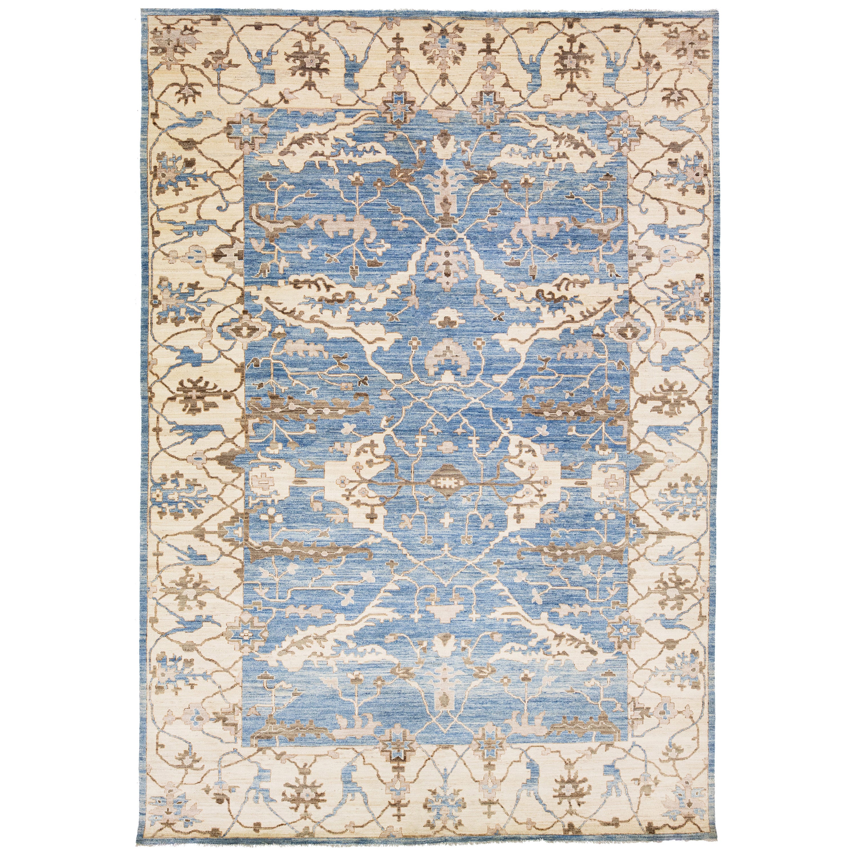 Modern Turkish Oushak Style Handmade Gray and Blue Wool Rug with ...