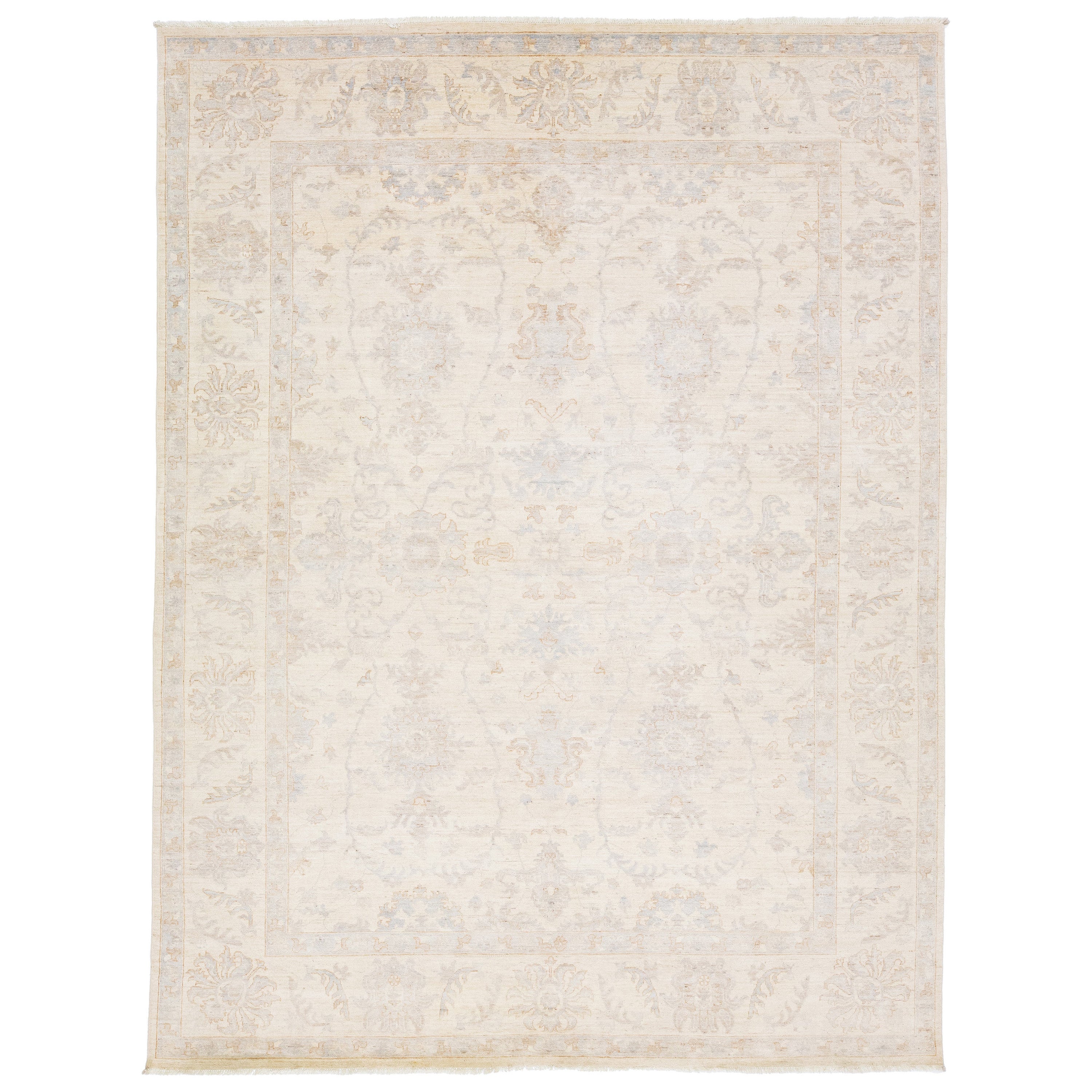 Modern Oushak Beige Handmade Floral Wool Rug at 1stDibs