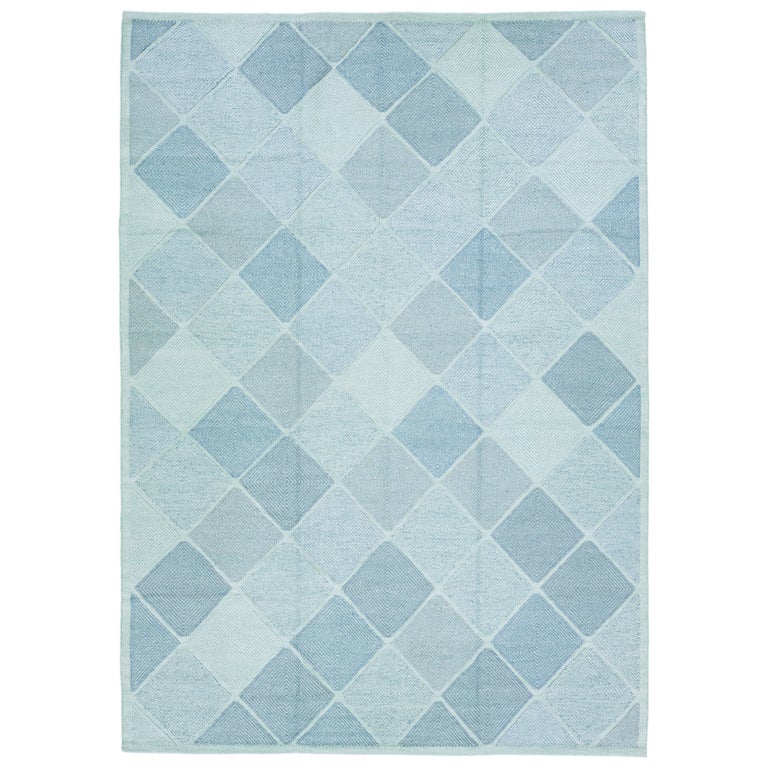 Modern Handmade Swedish Style Wool Rug With Turquoise Geometric Design ...