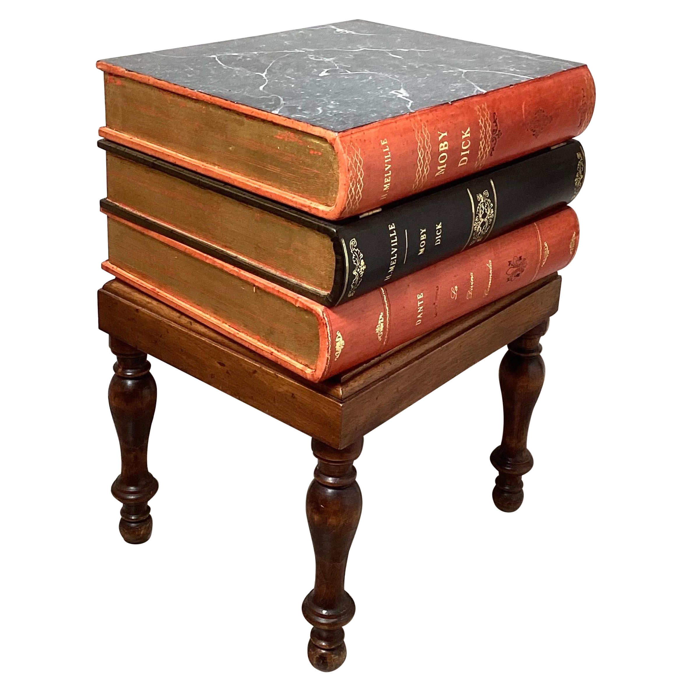 Vintage Figural Faux Book Form Stacked Round Glass Top Side Table For ...