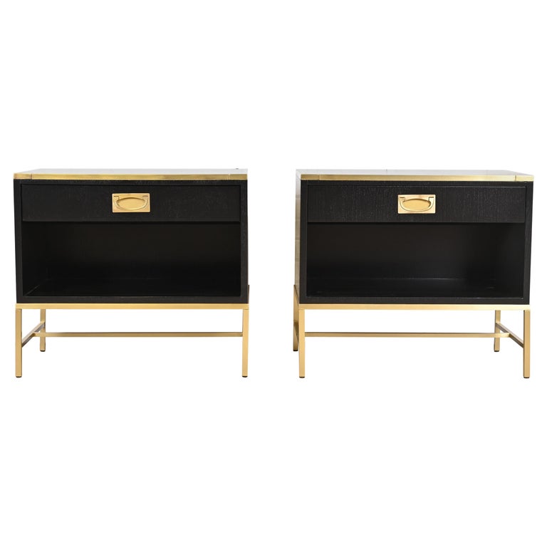 Thomas Pheasant for Baker Campaign Black Lacquer and Brass Nightstands ...