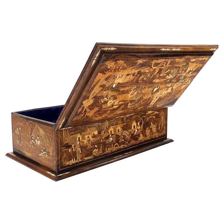 Large Box Trunk Bone Inlayed Rosewood Storage Village Scenery Very Fine ...
