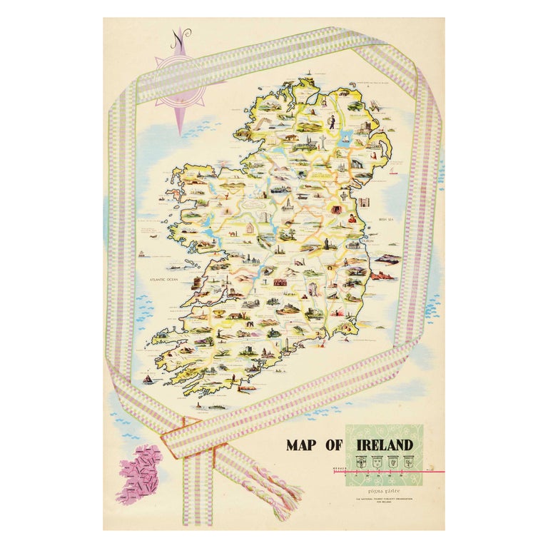 Original Vintage Travel Poster Illustrated Map Of Ireland Midcentury ...