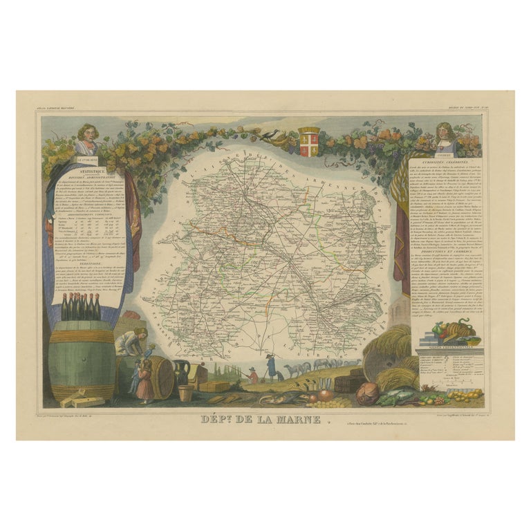 Hand Colored Antique Map of the Department of Marne, France For Sale at ...