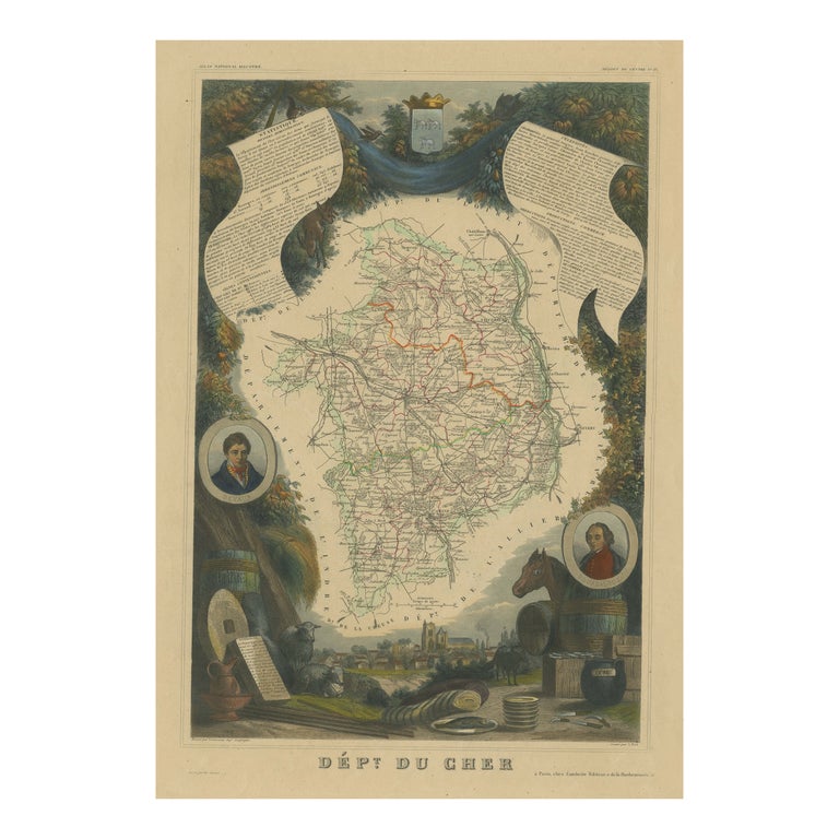 Hand Colored Antique Map of the Department of Cher, France For Sale at ...