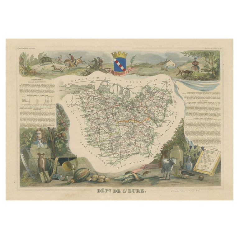 Hand Colored Antique Map of the Department of Eure, France For Sale at ...