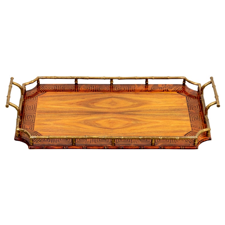 Maitland Smith Inlaid Wood Tray with Brass Handles For Sale at 1stDibs