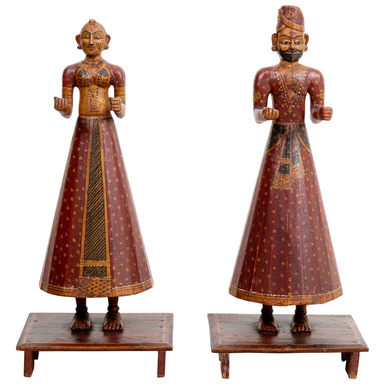 Pair of 19th Century South Indian Painted Figures For Sale at 1stDibs