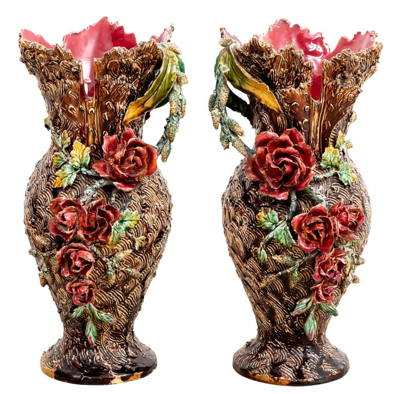 Pair of 19th Century Barbotine Vases For Sale at 1stDibs