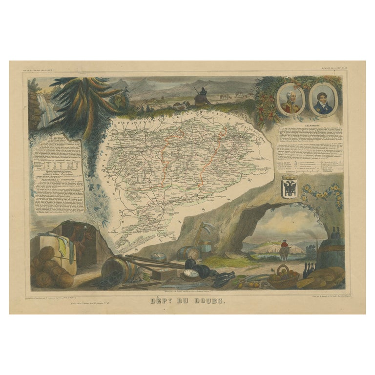 Hand Coloured Antique Map of the Department of Doubs, France For Sale ...