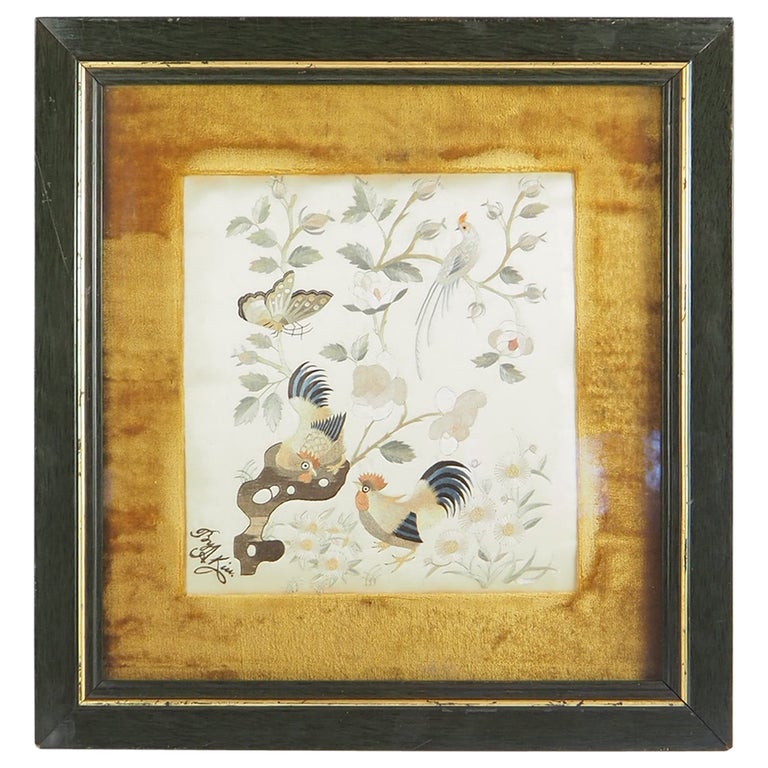 Framed 19th Century Chinese Silk Birds Embroidery For Sale at 1stDibs