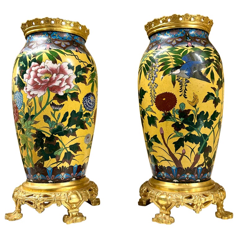 Pair of Cloisonne and Gilt Bronze Vases, Napoleon III For Sale at 1stDibs